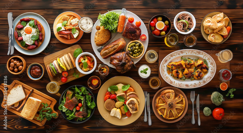 Full table of delicious Dinner party table European foods and drinks ...