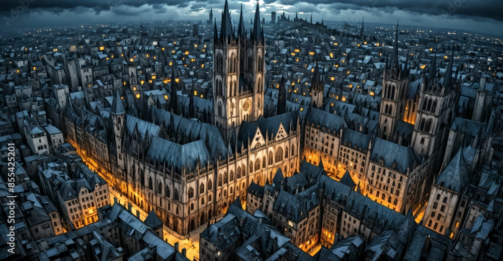 gothic city buildings and towers cityscape. aerial view bird's eye view ...