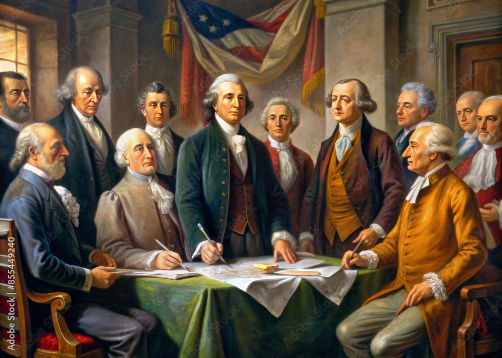banner concept featuring a digital illustration of the founding fathers ...