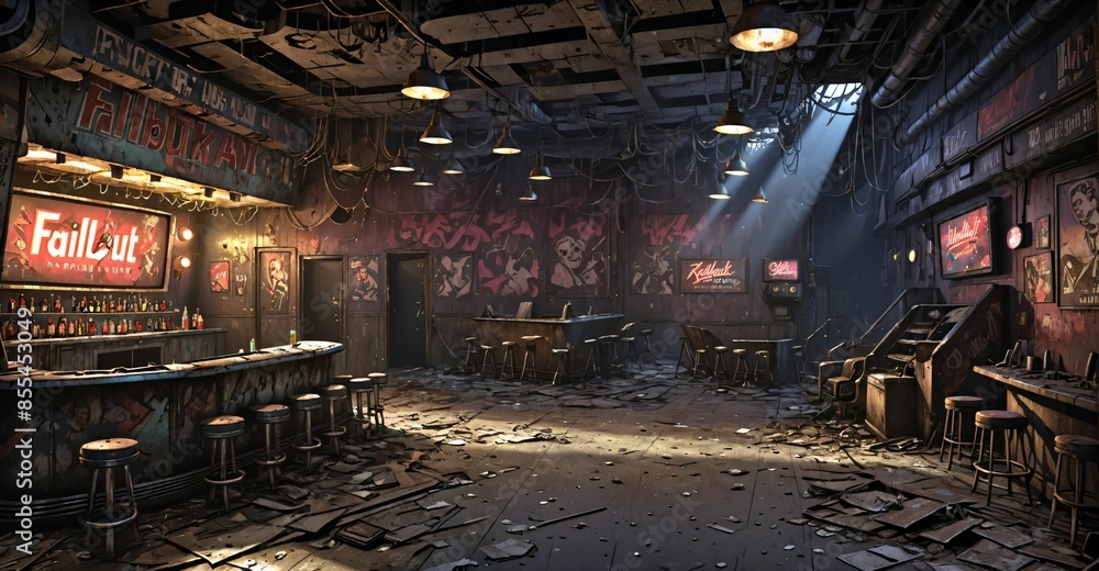 abandoned empty bar interior. dystopian post apocalyptic building ...