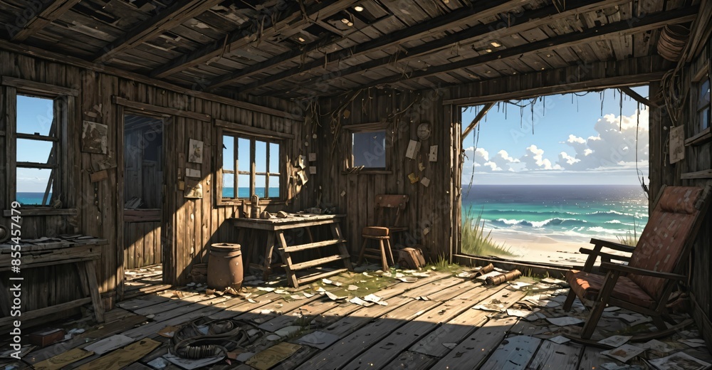 abandoned shack hut interior on beach ocean coast in summer. old wood ...