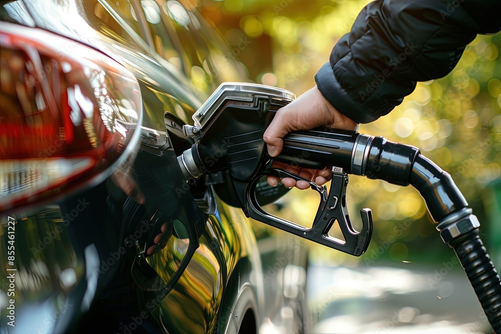 Photo Stock person with pump to fill his car with gas, gas pump on car ...