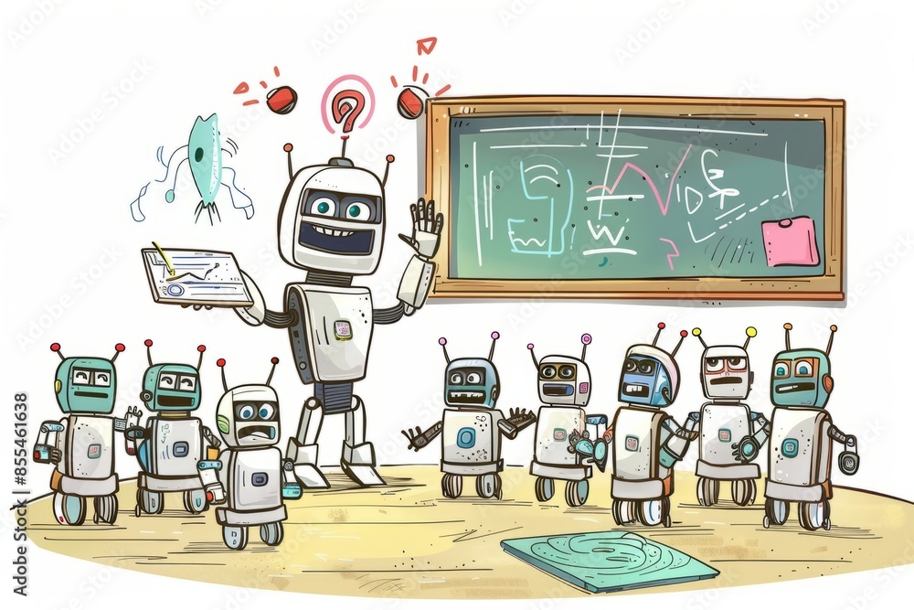 Cartoon cute doodles of a friendly robot teaching basic coding to a ...