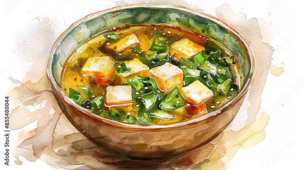Watercolor Illustration of a Bowl of Miso Soup with Tofu and Seaweed - Traditional Japanese ...