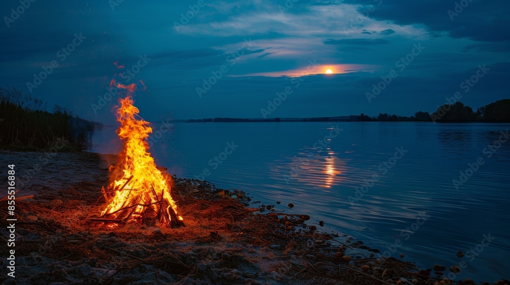 Side view, blazing bonfire on a quiet beach, summer night, rich ...