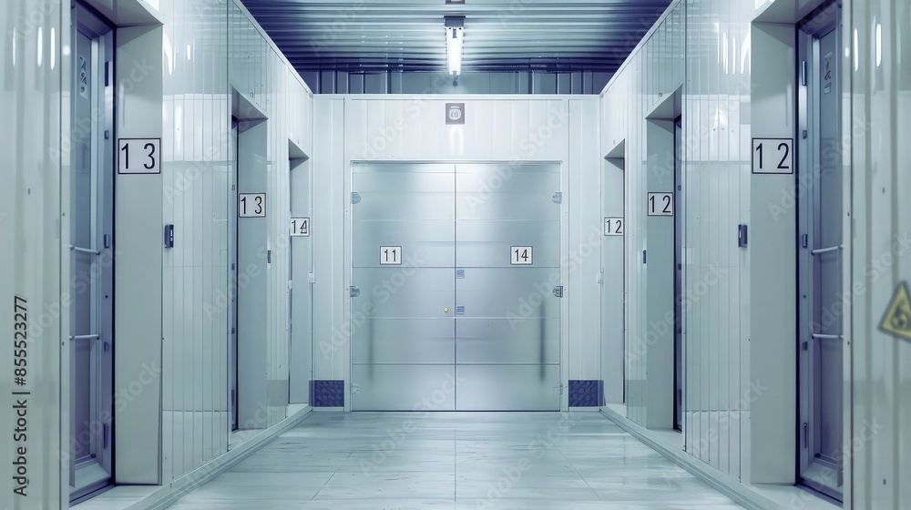 A modern self-storage unit background with clean, white metal doors ...