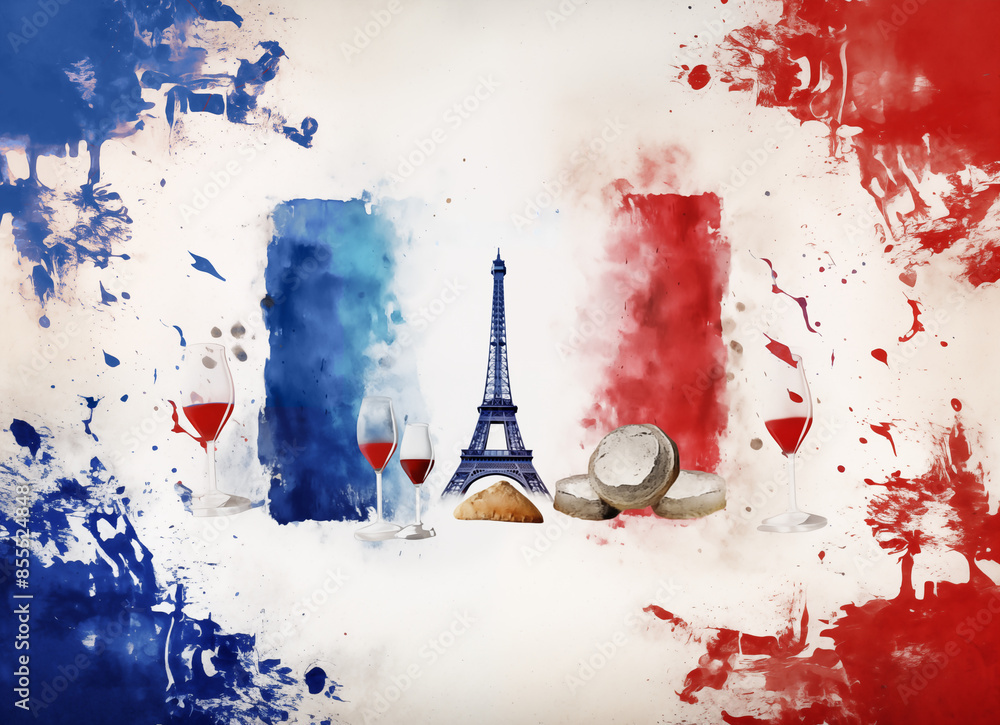 Symboles de la France avec la tour Eiffel, le vin, le fromage et les ...