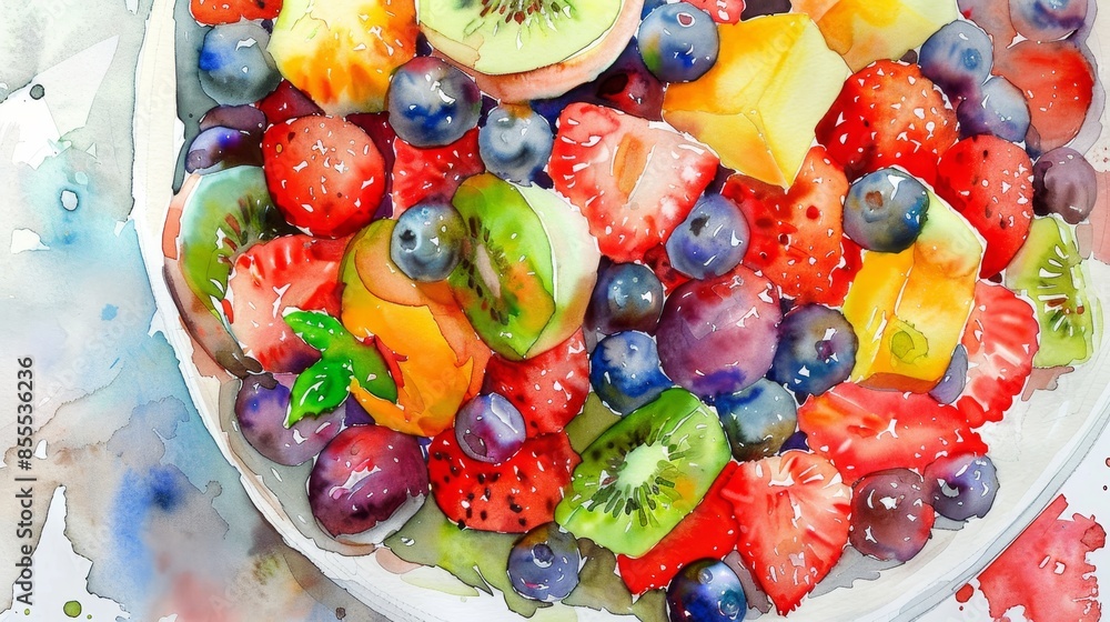 Watercolor painting of a fresh fruit salad in a bowl, top view ...