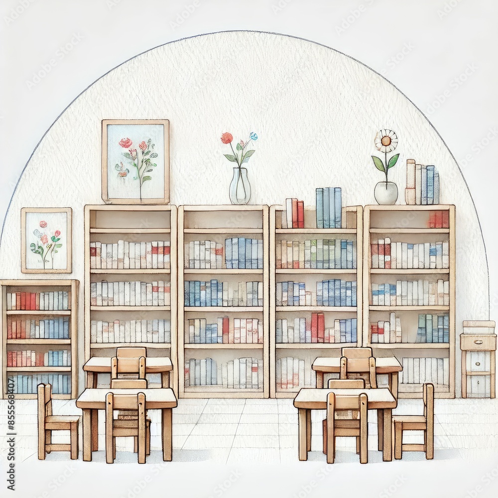 Library clipart with rows of bookshelves and reading tables. watercolor ...