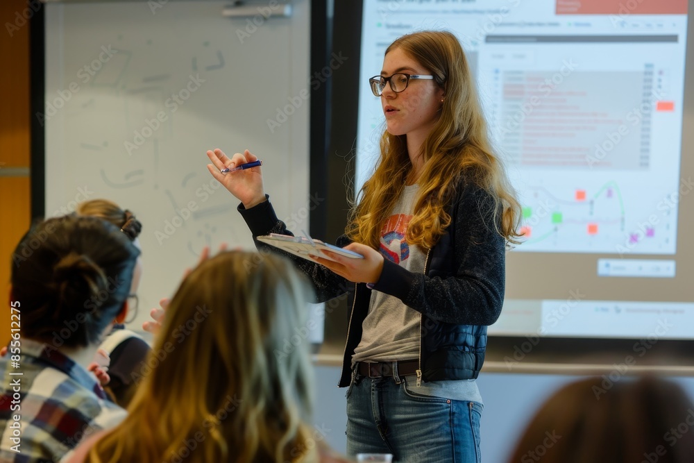 A woman standing in front of a group, presenting research, A student ...