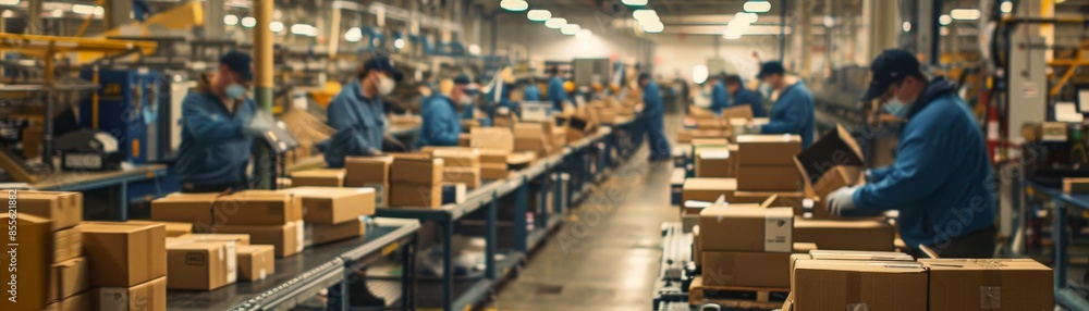 Workers in a modern warehouse sorting and packaging boxes on a conveyor ...