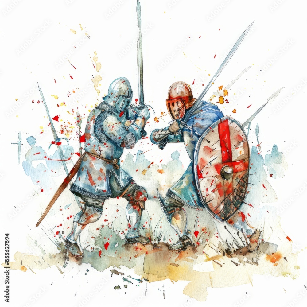 Watercolor painting of two opposing armies colliding on the battlefield ...