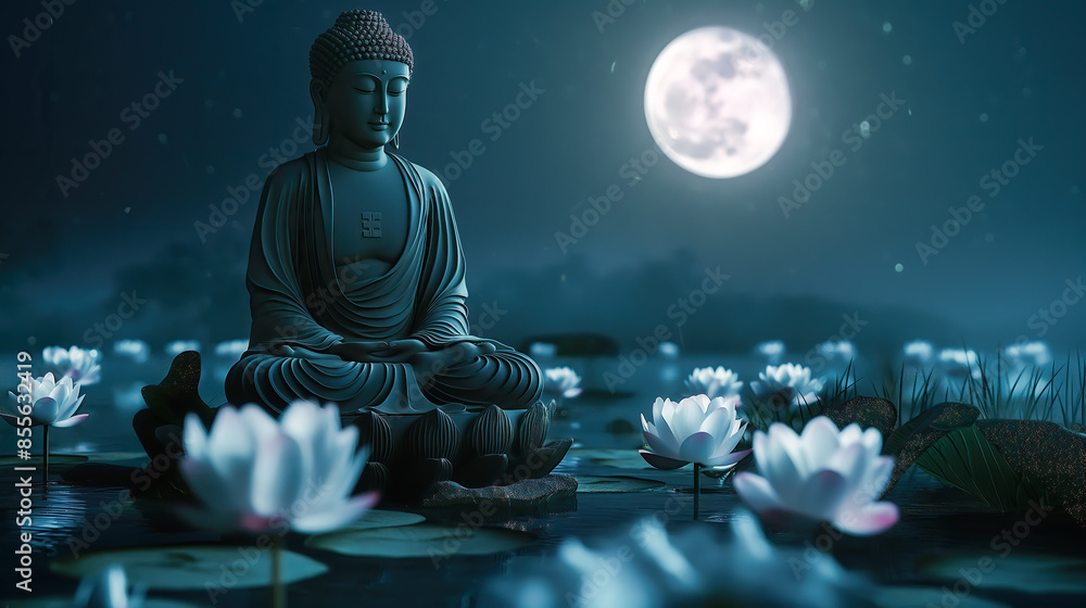 Buddha statue mediating with Lotuses and reflection. Magha Puja, Asanha ...