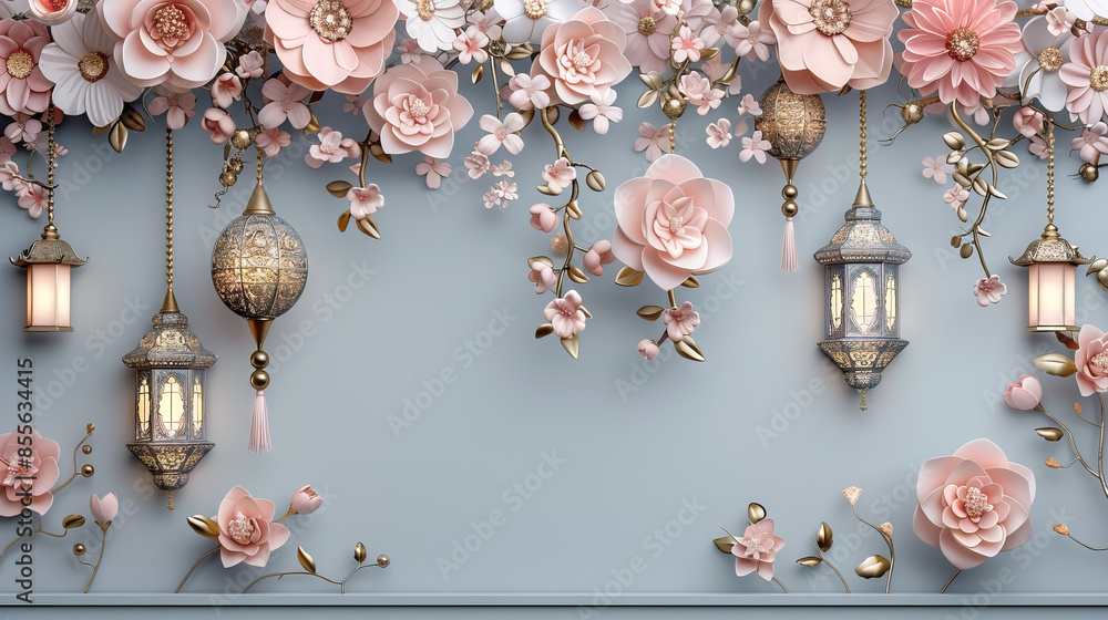 3D pastel pink color flowers with arabic lantern against plain ...