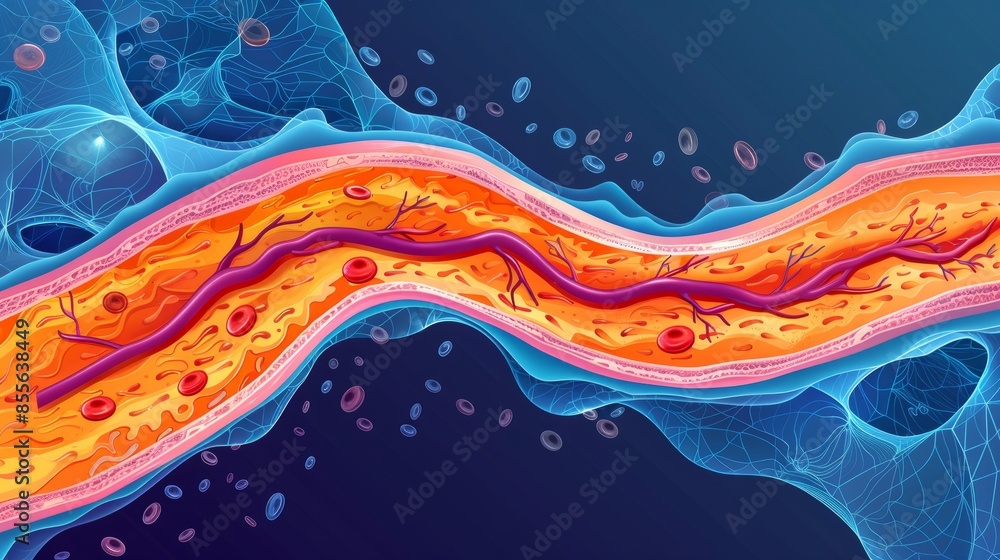3D illustration of a human blood vessel with red blood cells, showing ...