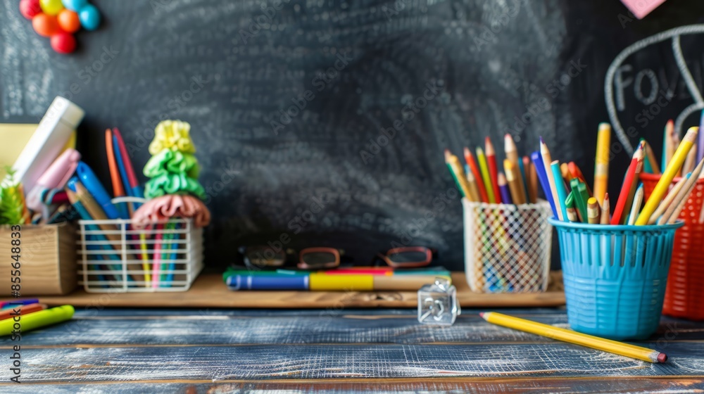 School supplies arranged on desk in classroom with blackboard ...