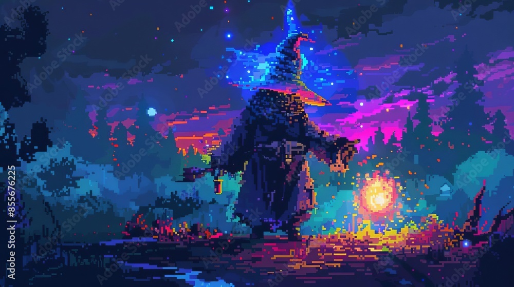 8bit wizard character, casting spells, pixel art style, vibrant colors ...