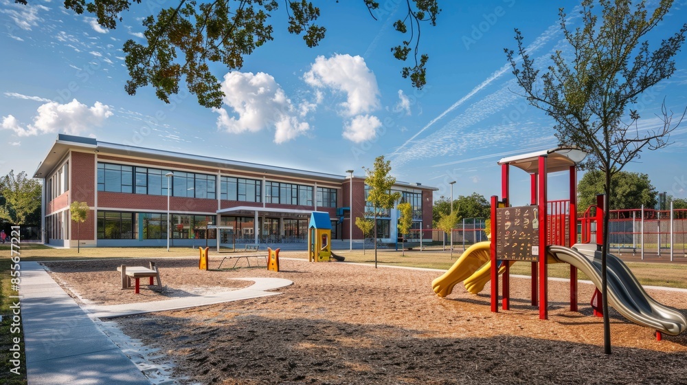 Traditional public school building exterior with playground ...