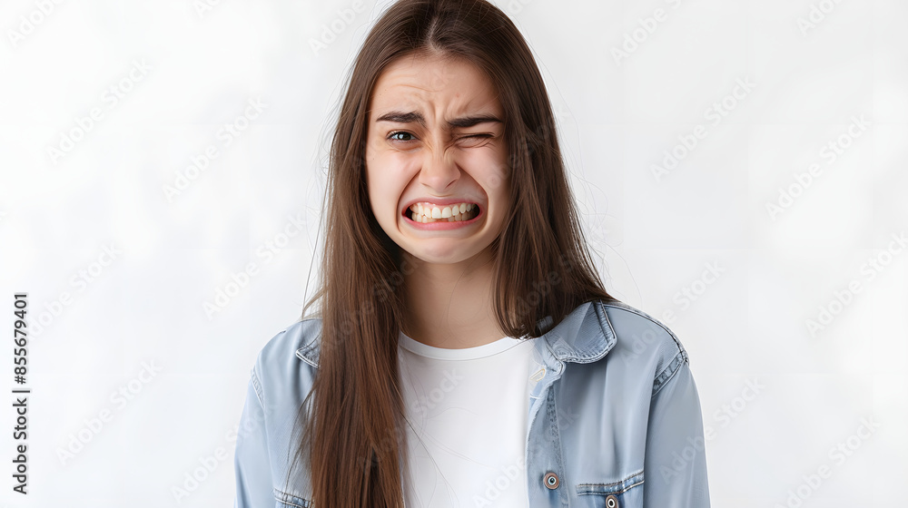 Girl cringe as seeing something embarrassing and bothering. Woman make uncomfortable smile and ...