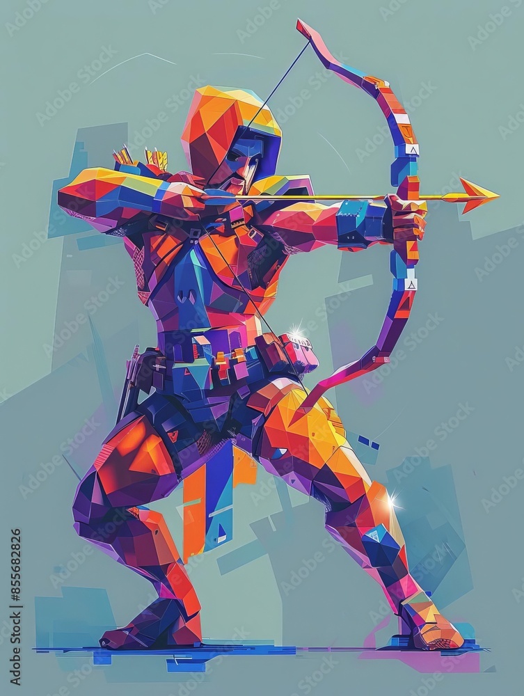 Pixel archer, aiming arrow, 8bit art style, vibrant colors, isometric ...
