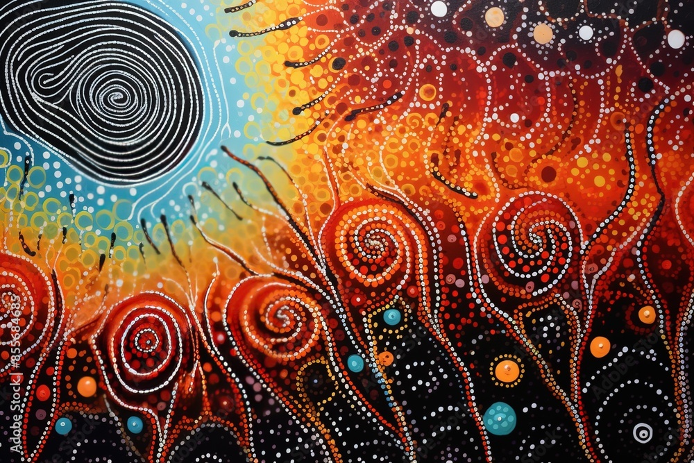 An intricate Aboriginal dot painting depicting Dreamtime stories with ...