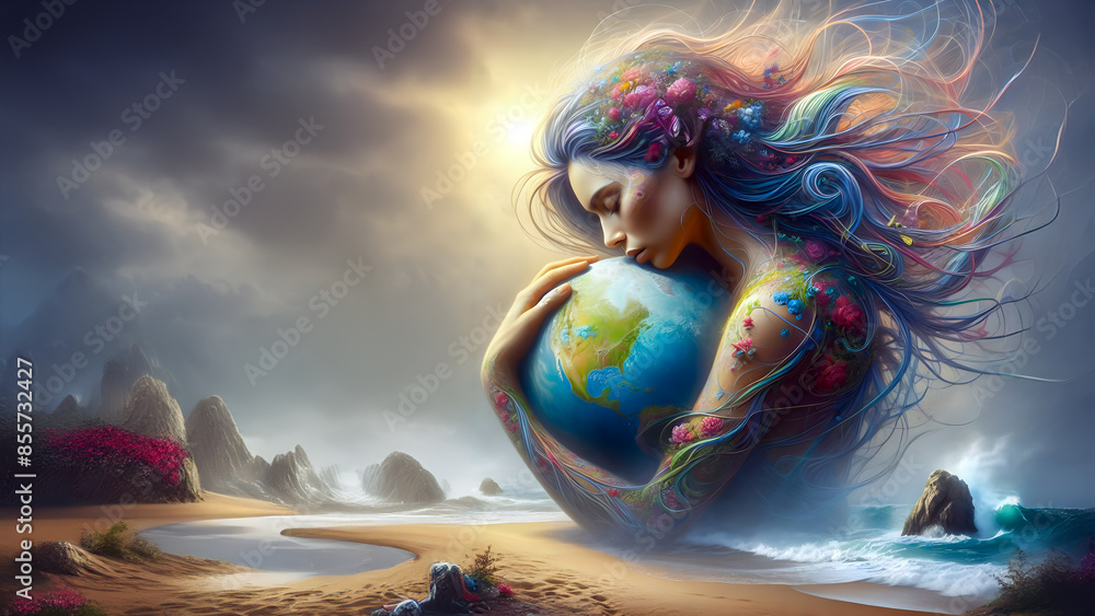 A Beautiful woman with planet Earth in her hands coming out of the ...