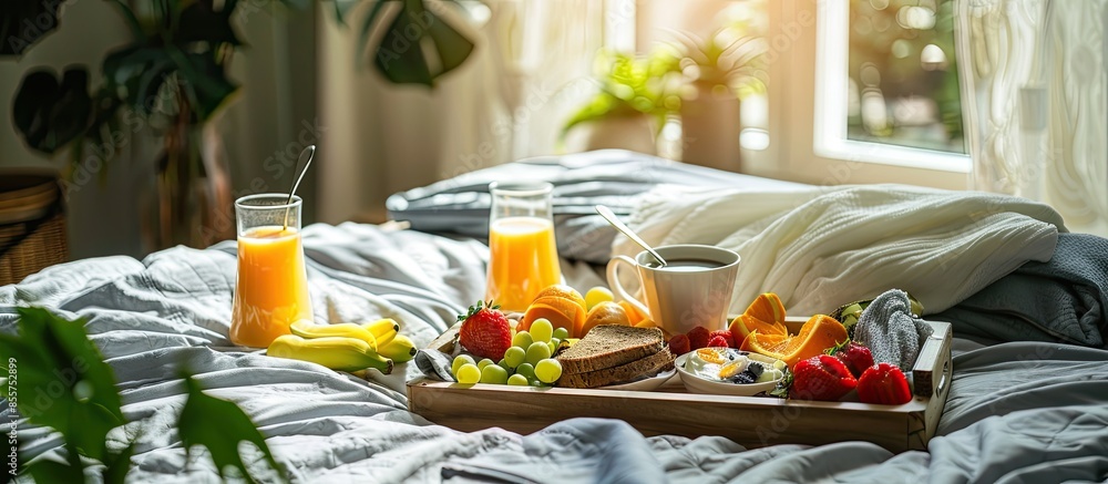 breakfast tray set up on a bed with healthy foods and drink. with copy ...
