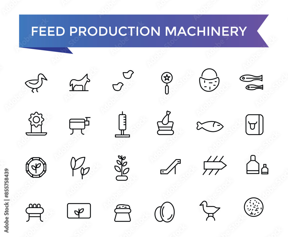 Feed Production Machinery Icon set with editable stroke collection for ...