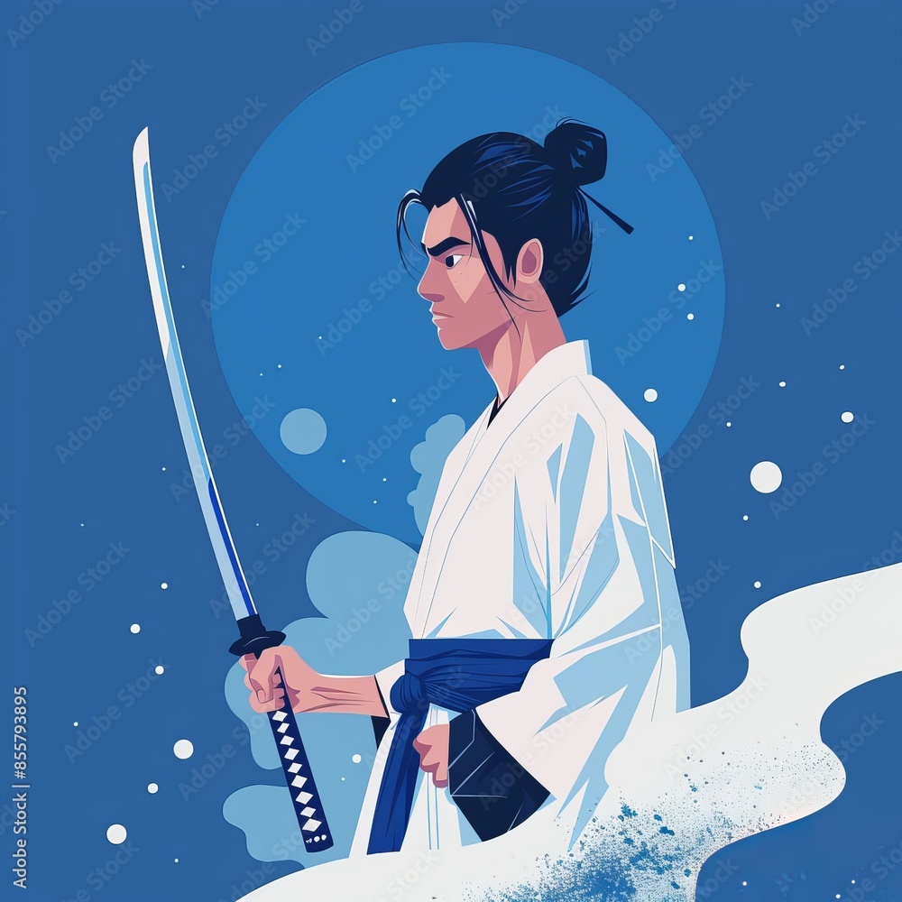 Modern illustration of Japanese Samurai fighter with katana on a floral ...