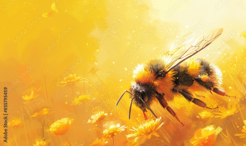 colorful illustration of a fluffy, fluffy bee with transparent wings ...
