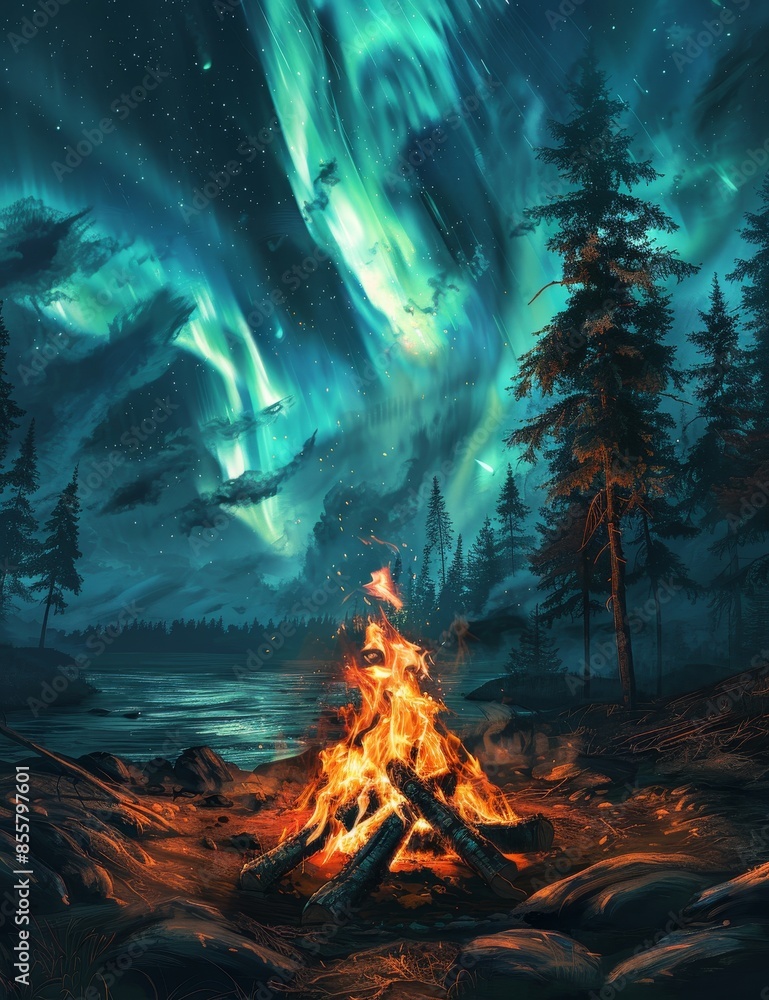 This photo composite shows a campfire in the wilderness with forest ...