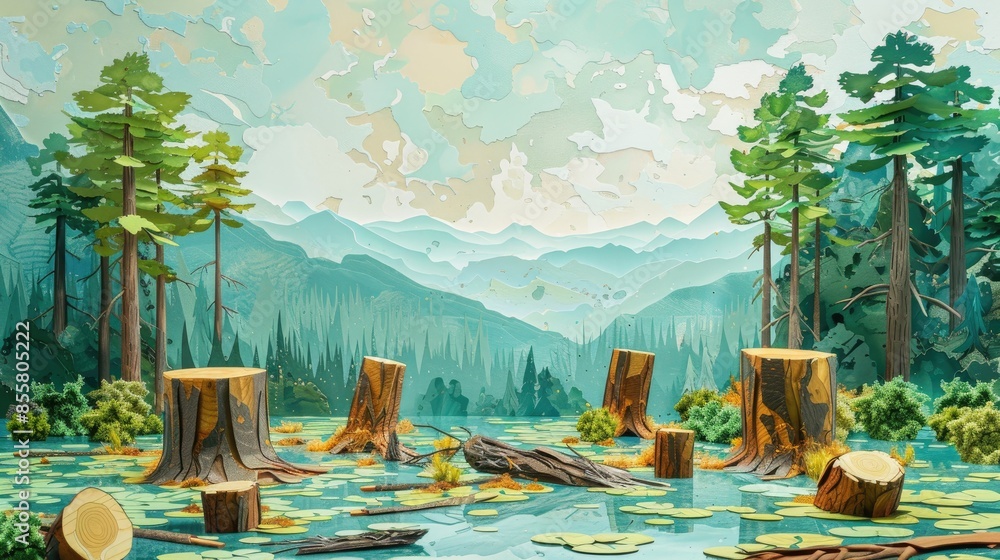 Paper cutout art of deforestation, with tree stumps and fallen trees ...