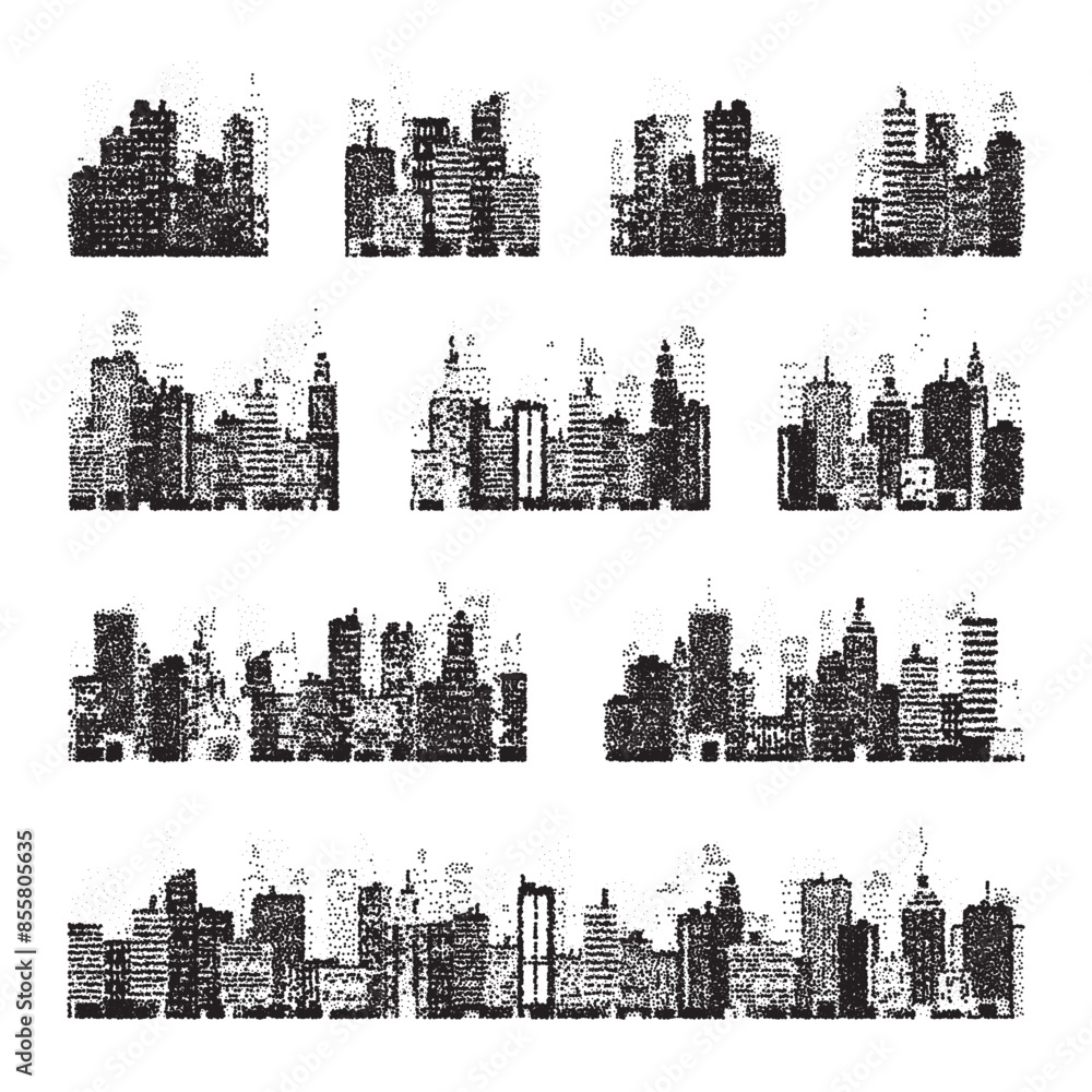 Стоковий вектор Stippled city silhouettes. Cityscape, town skyline ...