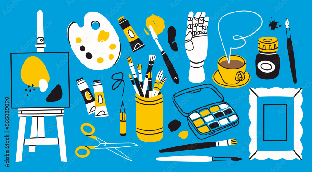 Various art tools, supplies, equipment. Mannequins hand, easel, canvas ...