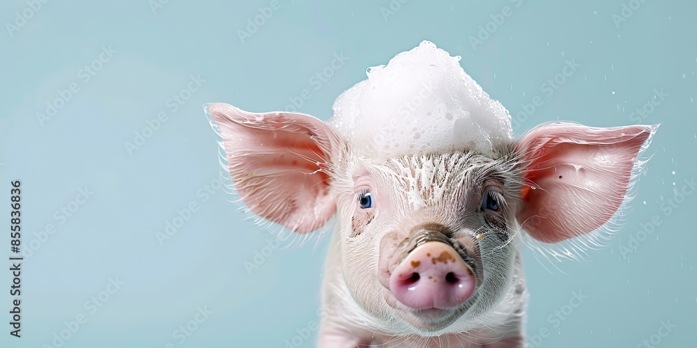 Wet Pig taking bath, shower In bathtub. Funny washing Swine with shampoo foam on its head. Color ...