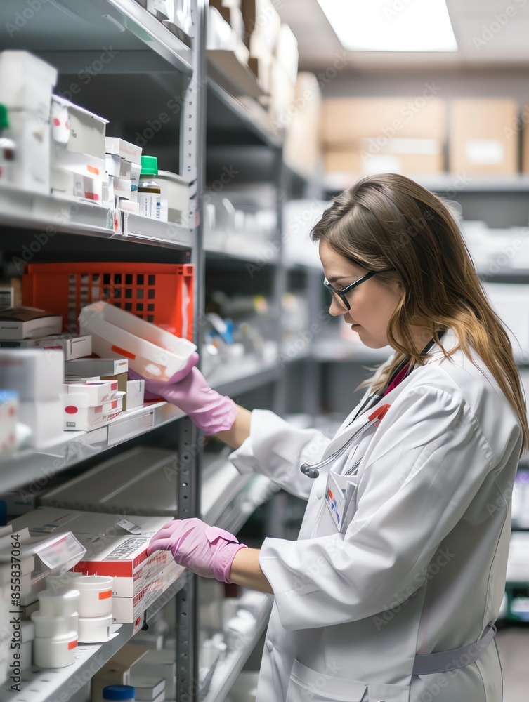 Female pharmacist organizing medication on shelves in a pharmacy ...