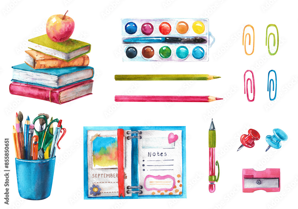 Watercolor collection of school stationery. Hand drown illustration on ...