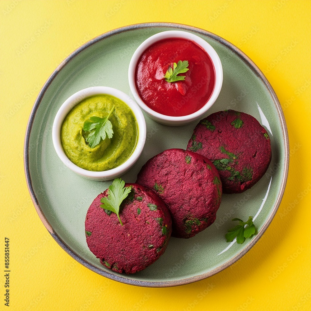 Beetroot patties also called cutlet and tikki served with chutney on ...