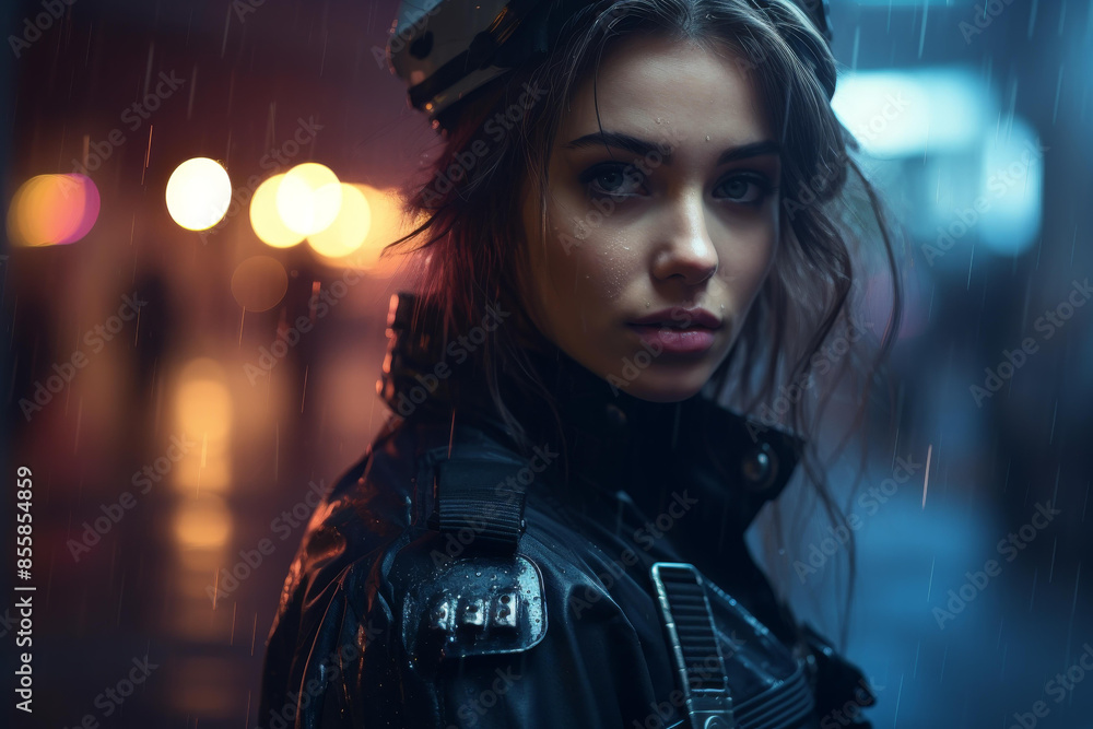 Futuristic cyberpunk cop patrols the streets with a beautiful and ...