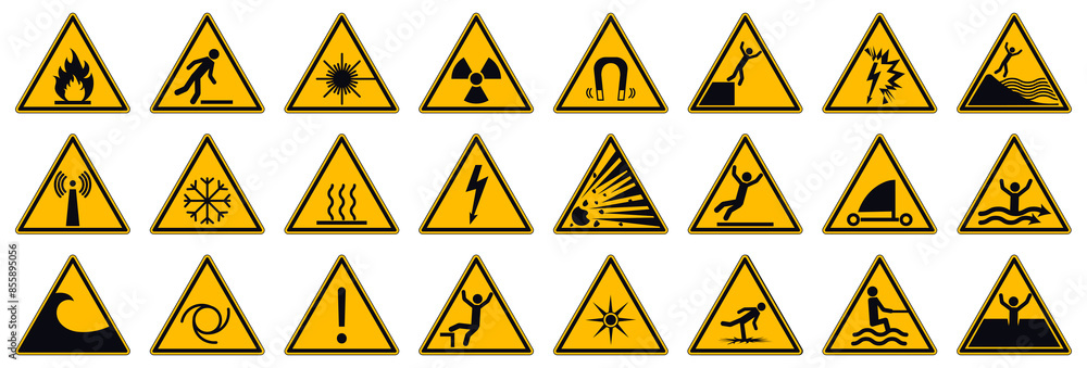 Protection yellow sign collection. Set of hazard, danger, warning signs ...