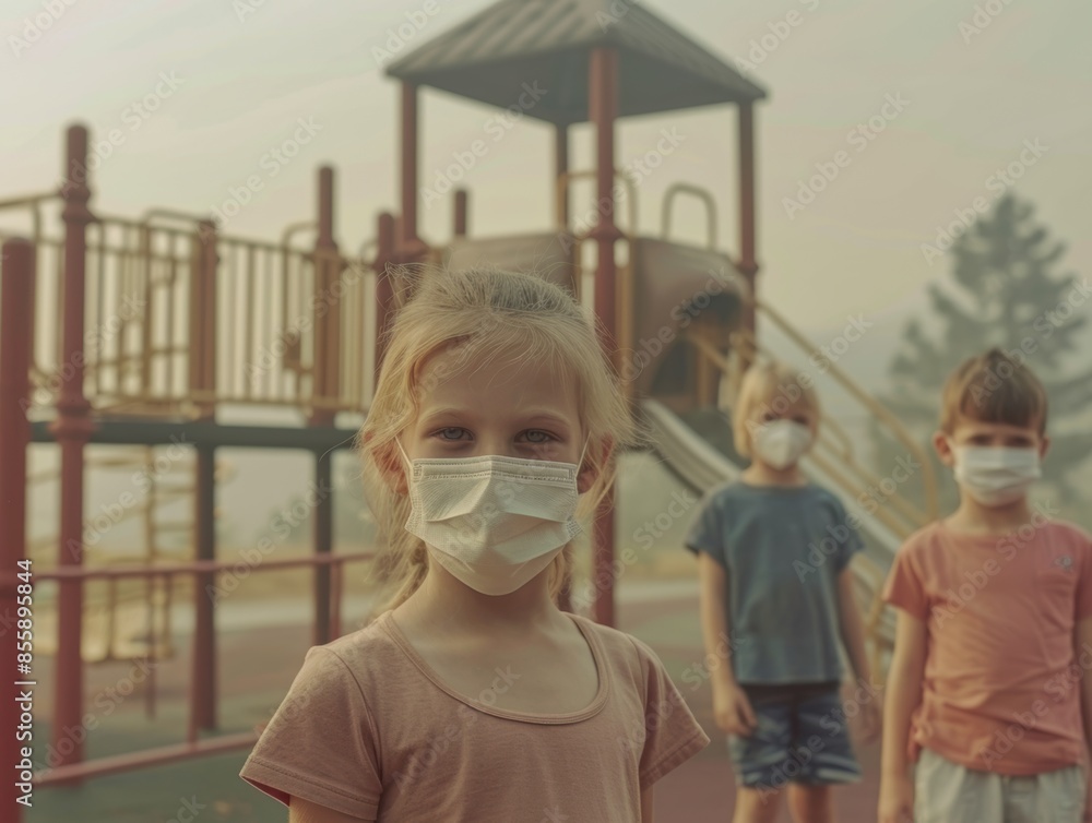 Children wearing face masks standing in smoky playground, emphasizing ...