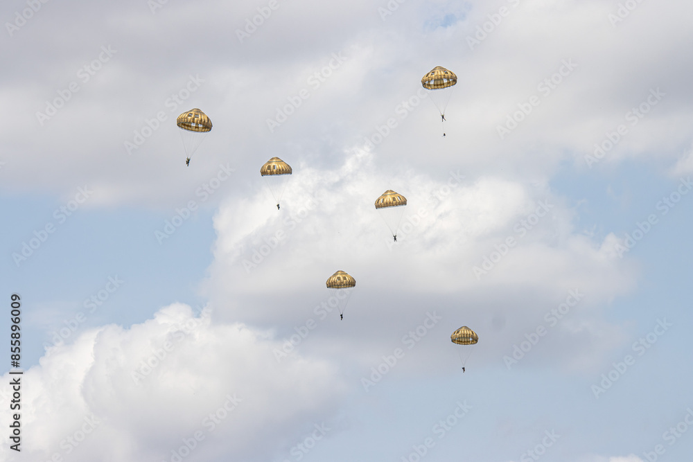 German paratroopers (Fallschirmjäger) descend from aircraft with ...