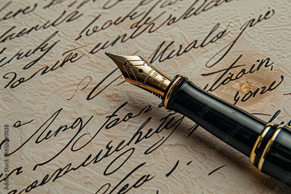 Fountain pen on an antique handwritten letter. Vintage nib pen and ...