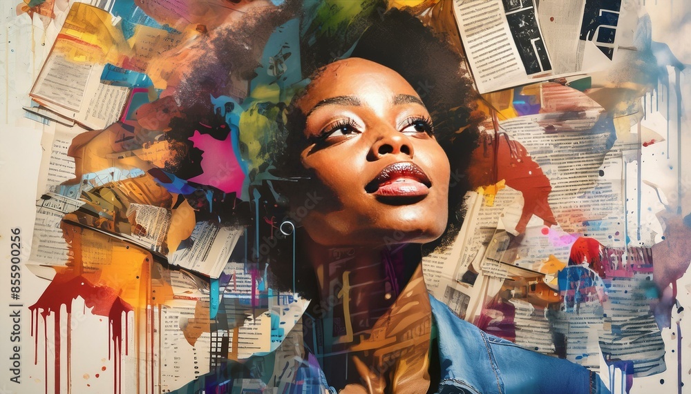 Graffiti, colorful newspaper collage, illustration of a dreamy African ...
