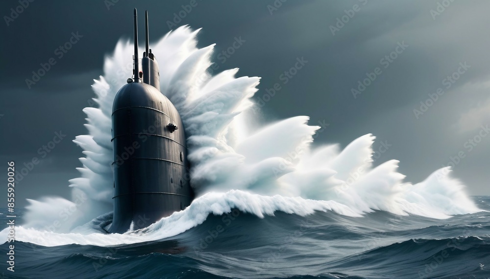 A colossal nuclear-powered military submarine surging up through ...