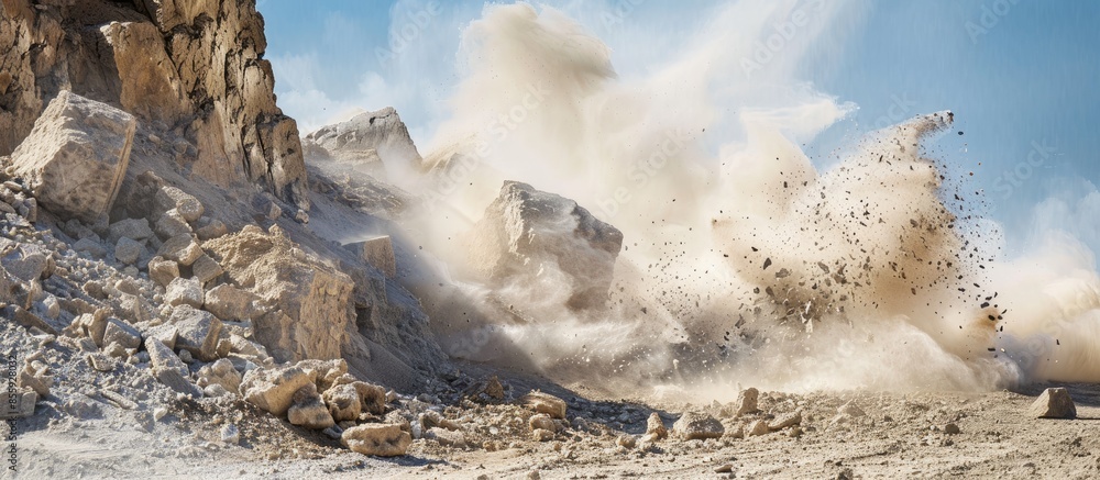 Rock splash and limestone dust storm after detonator blast on the ...