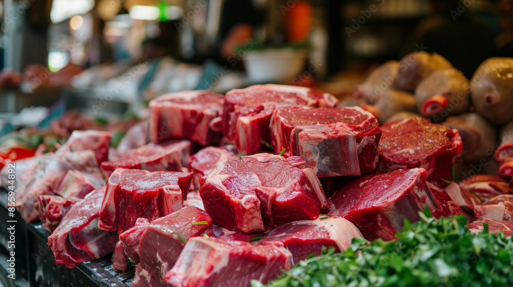 Sideview of a stylish butcher shop and its fridge counter with meat ...