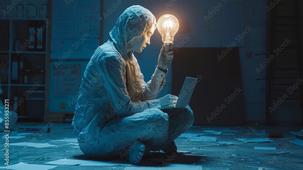 Blue Background Sculpture of Thinker With Laptop And Glowing Light Bulb ...