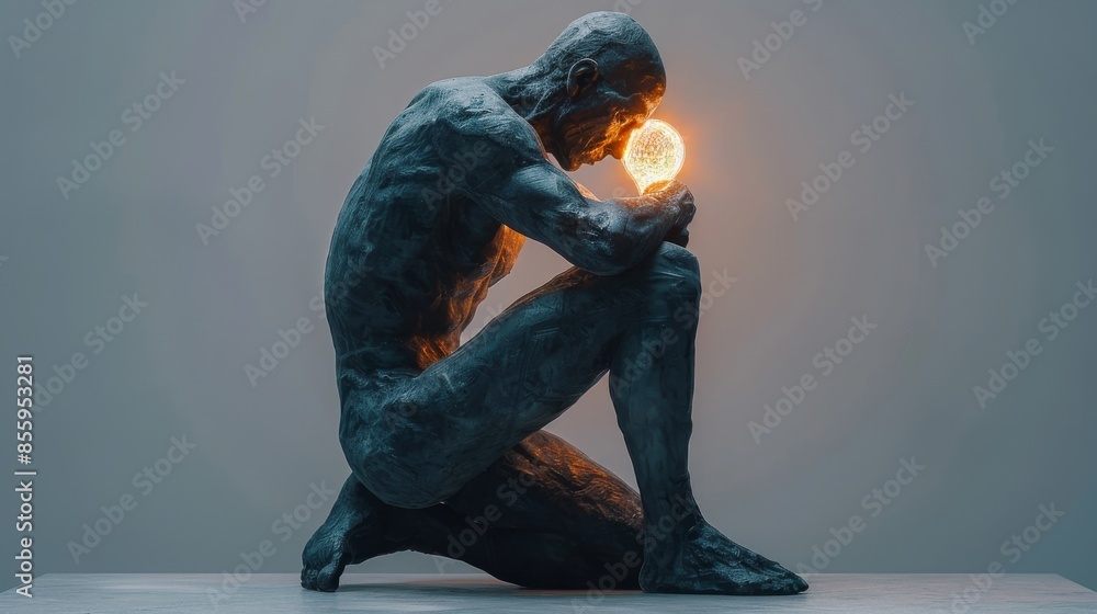 Sculpture of a thinker clad in a laptop and with a glowing lightbulb ...