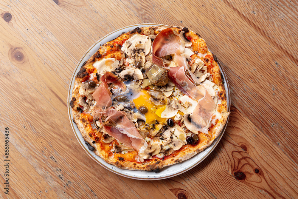 pizza, capricciosa, rossa, italia, tradizione, mozzarella, tavolo ...